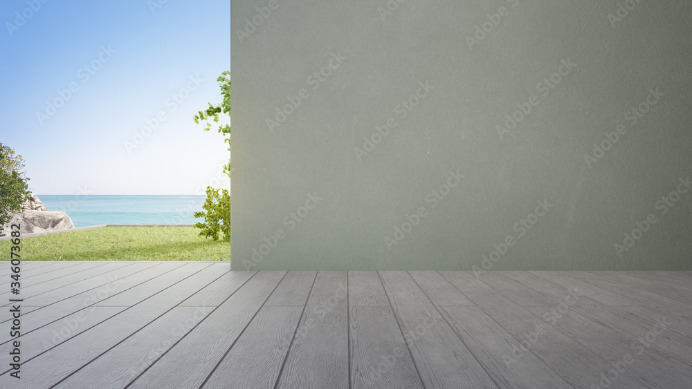 Terrace near garden in modern beach house or luxury villa. Wooden deck ...