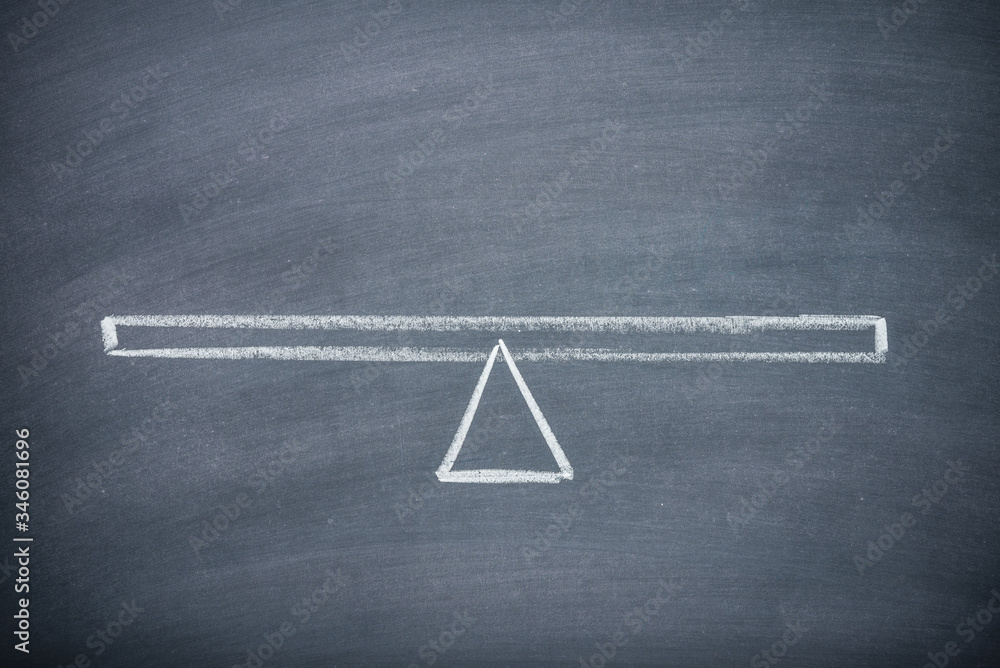 Flat lay of drawing empty seesaw or balance scale in equilibrium on ...