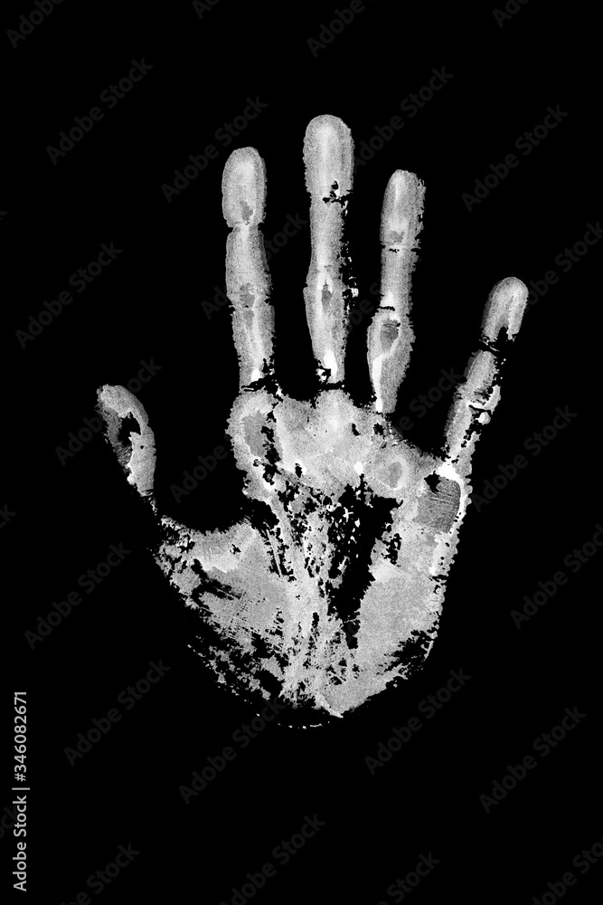 White print of human hand black background isolated closeup, handprint ...
