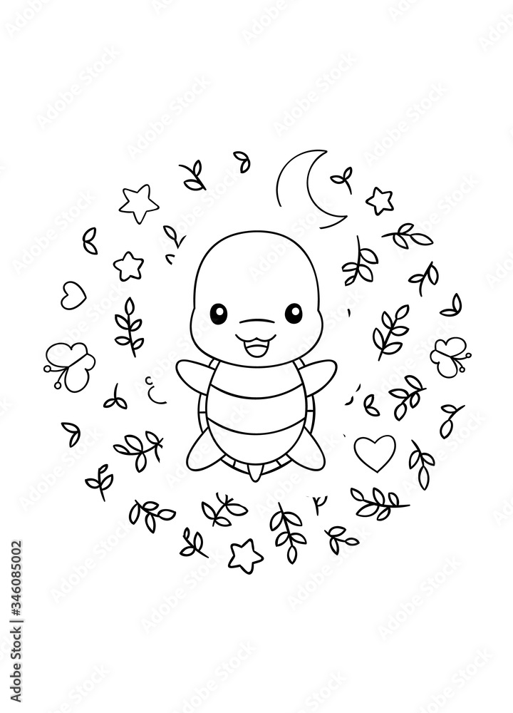 Coloring pages, black and white cute kawaii hand drawn turtle doodles ...