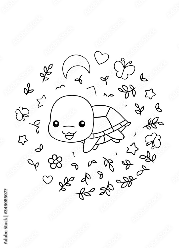 Coloring pages, black and white cute kawaii hand drawn turtle doodles ...