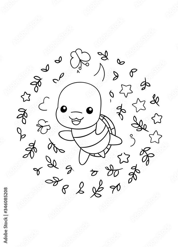 Coloring pages, black and white cute kawaii hand drawn turtle doodles ...
