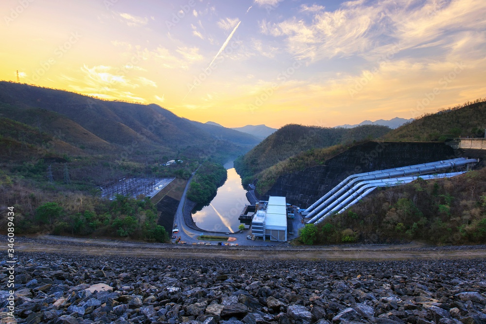 Hydroelectric power plant of dam in sunrise, water-power plant Stock ...