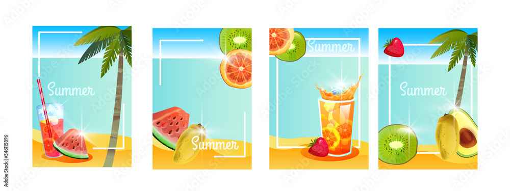 Summer template set with cold beverages, fruit, ice, palm trees, sand ...