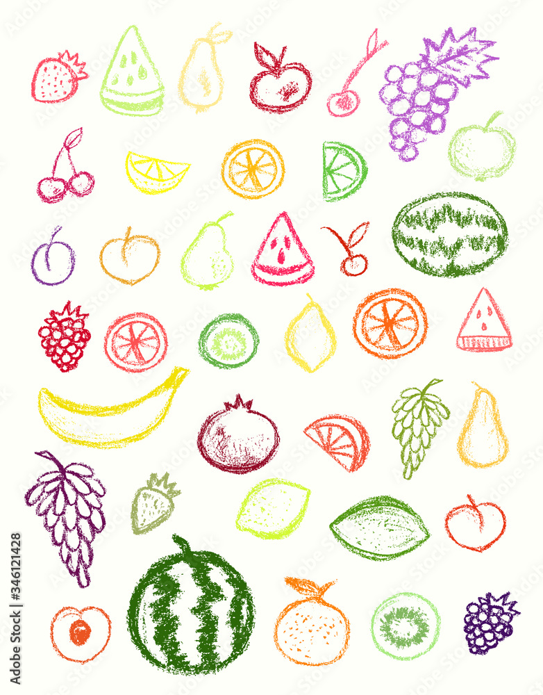 Fruit icons collection.Children drawling style color fruits set. Hand ...