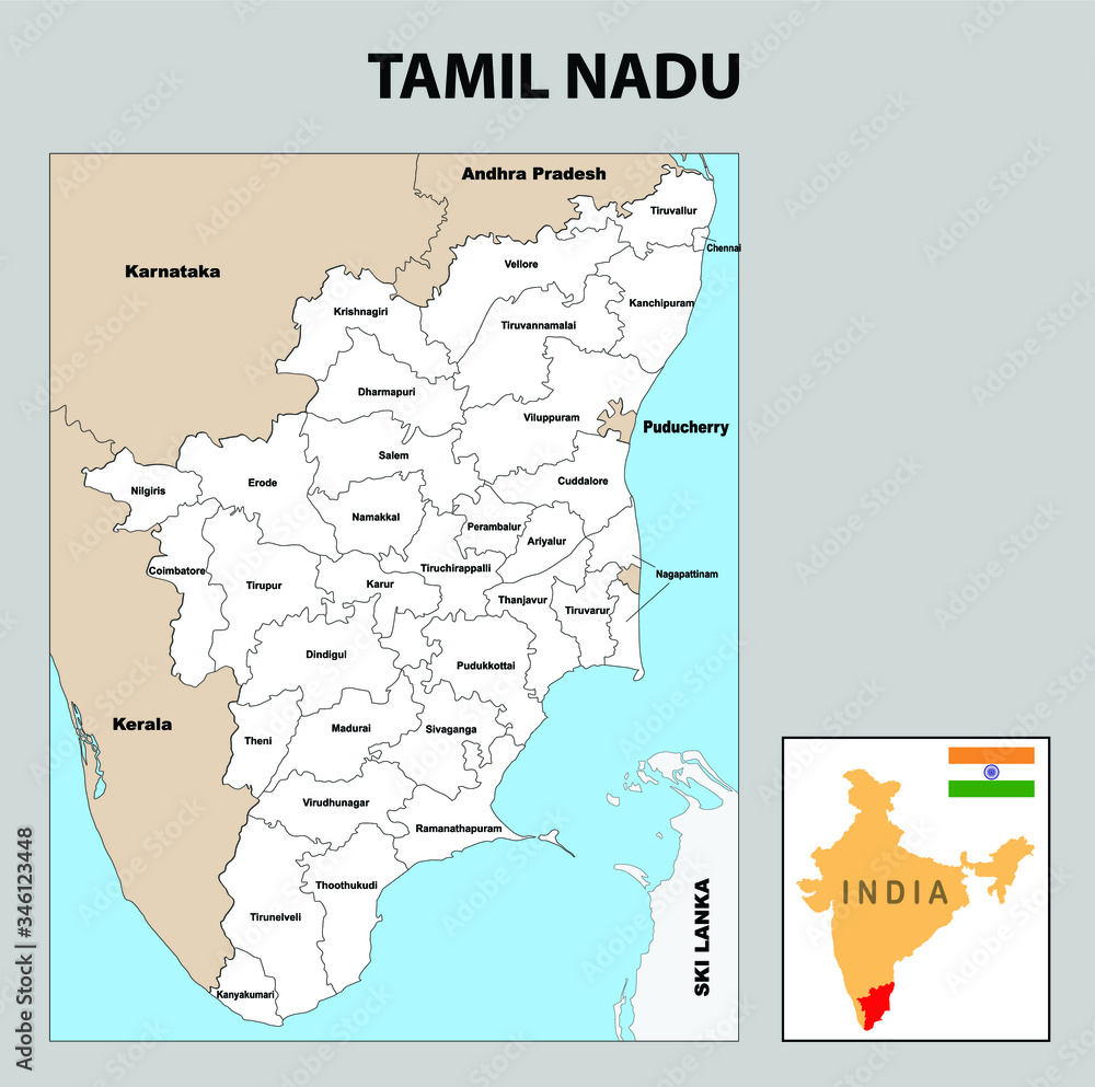 Tamil nadu map. District ways map of tamil nadu with name. Vector ...