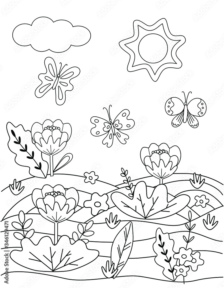 Children's coloring book with flowers and butterflies of simple shape ...