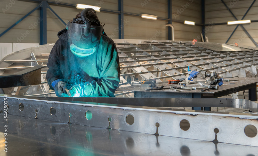 Welding at Aluminium hull of a Yacht. Yachting. Boat. Shipbuilding ...