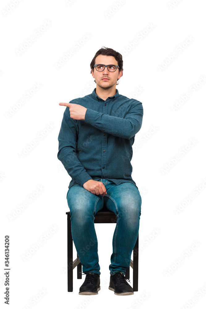 Full length of fink guy informer pointing index finger aside, blaming ...