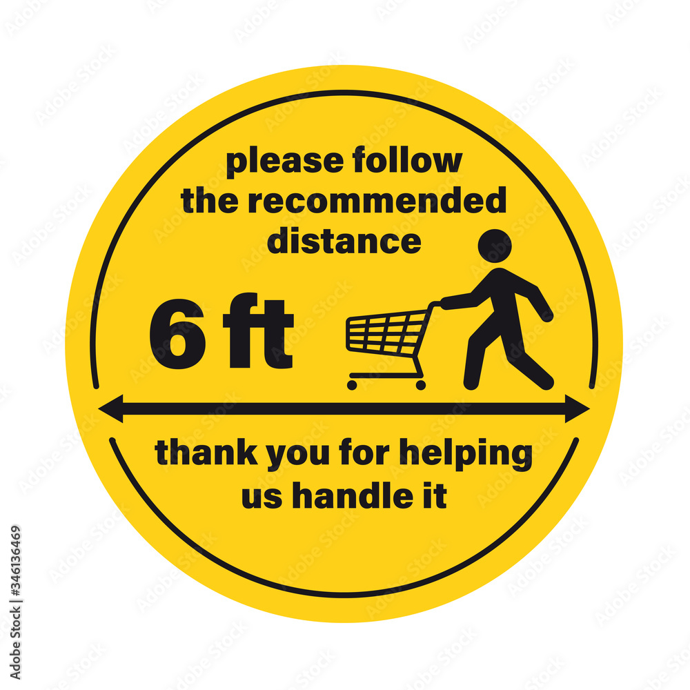 Vector yellow circle sticker keep a distance of 6 ft. Silhouette of a ...