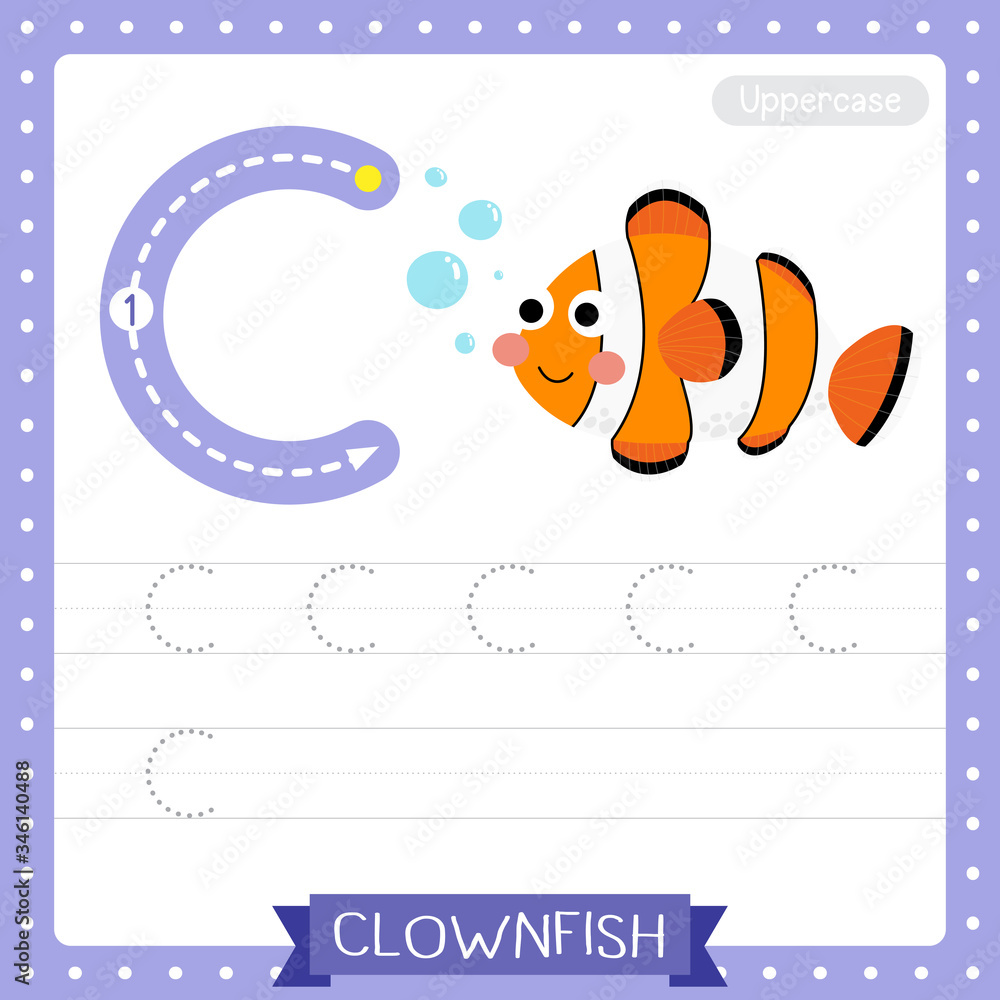 Letter C uppercase tracing practice worksheet. Clownfish Stock Vector ... Letter C uppercase tracing practice worksheet. Clownfish Stock Vector ...