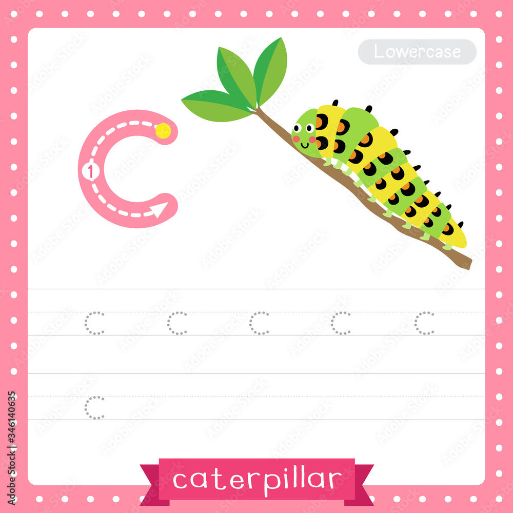 Letter C lowercase tracing practice worksheet. Caterpillar crawling on ...