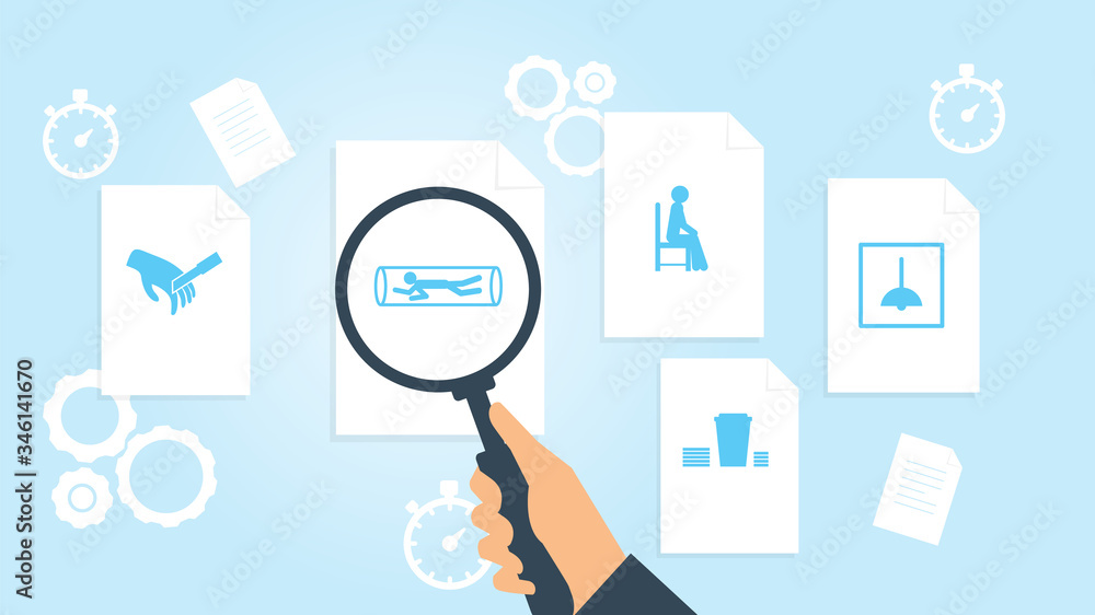 Document with search icons. File and magnifying glass. Analytics ...