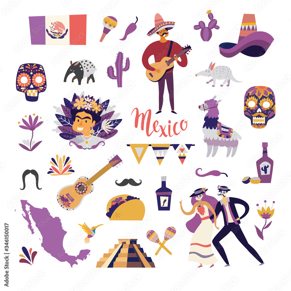 Mexican symbols objects vector illustration. Sweet skull and tequila ...
