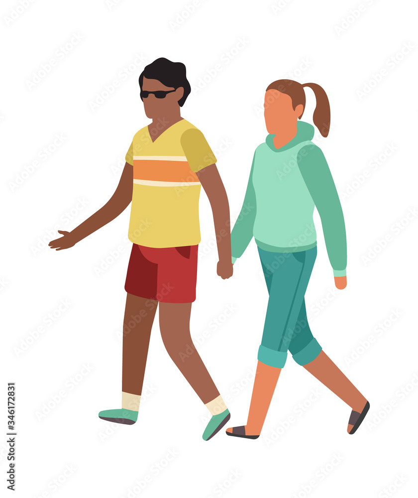 Cartoon walking couple. Romantic family in park, man and woman holding ...