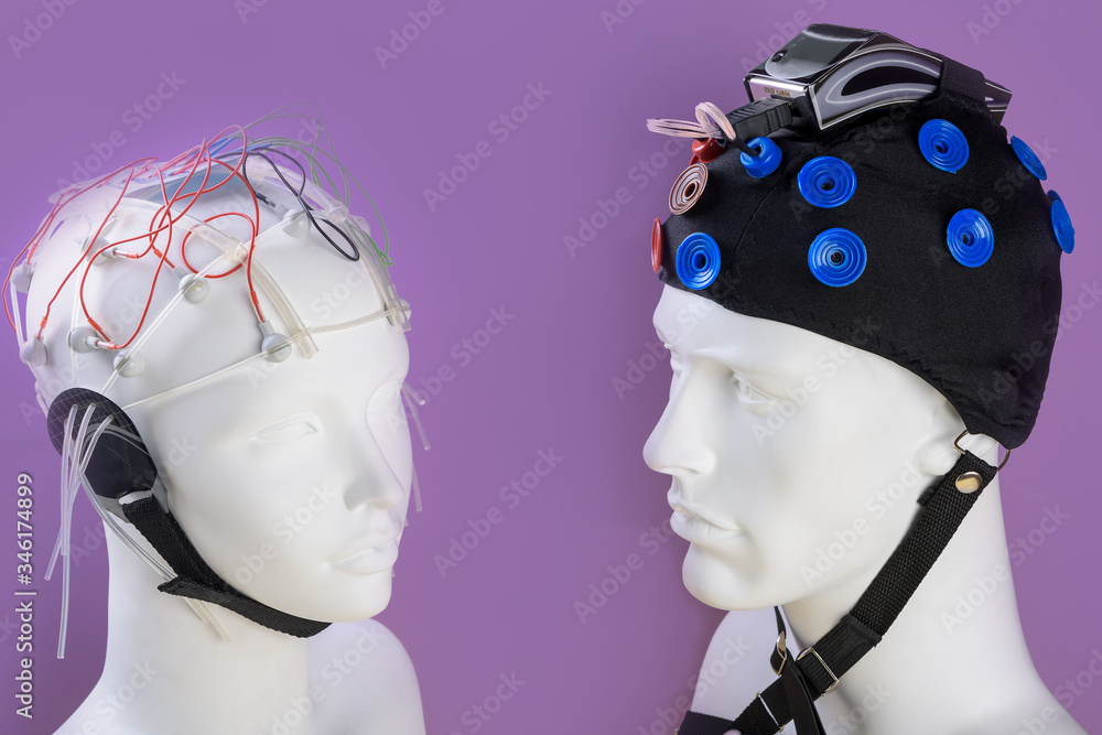model heads with EEG electrodes different types, EEG headset equipment ...
