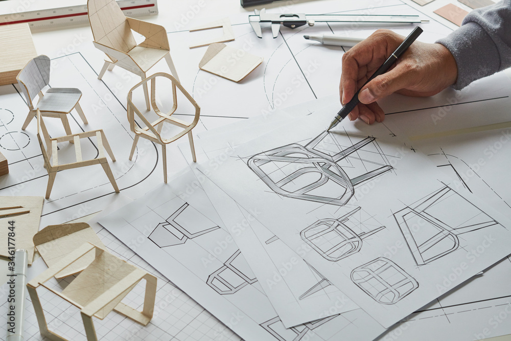 Designer sketching drawing design development product plan draft chair ...