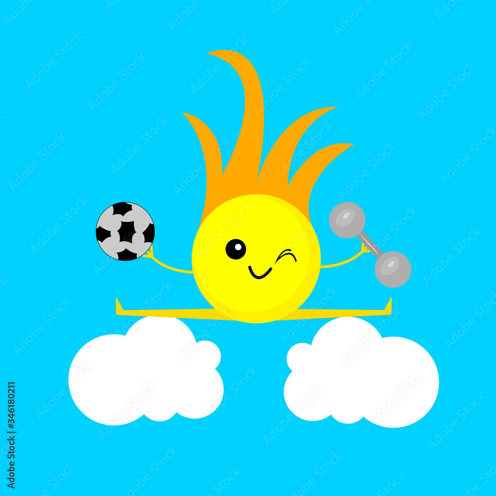 Sun cartoon character sitting on a twine in his hands holding a ...