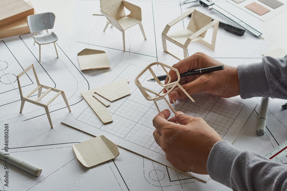 Designer sketching drawing design development product plan draft chair ...