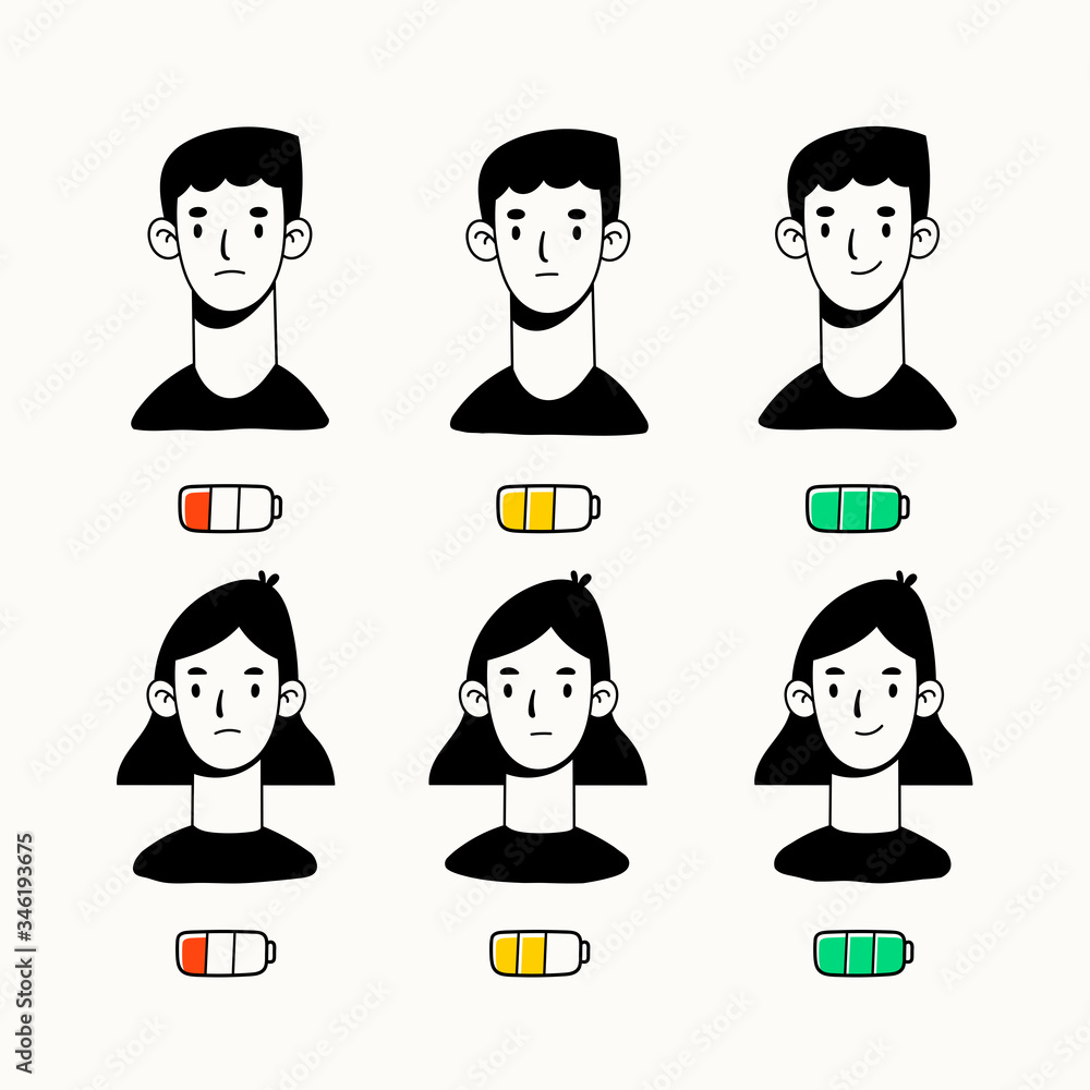 Young people with various states of battery charging. Low and full ...