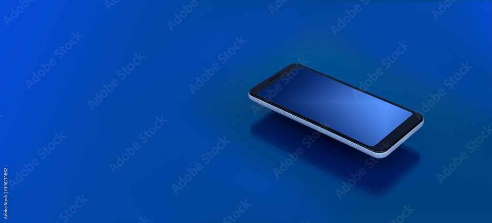 Modern Smartphone with reflection on the screen lies on a dark blue ...