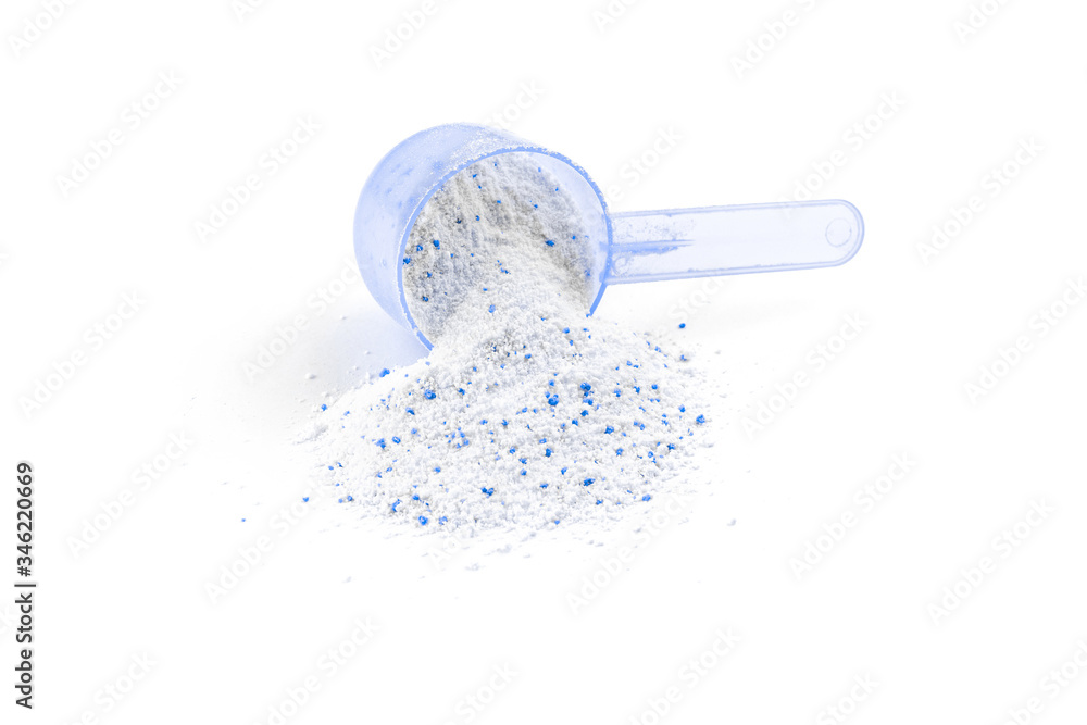 Detergent background. Wash powder with cup for laundry, washing machine ...