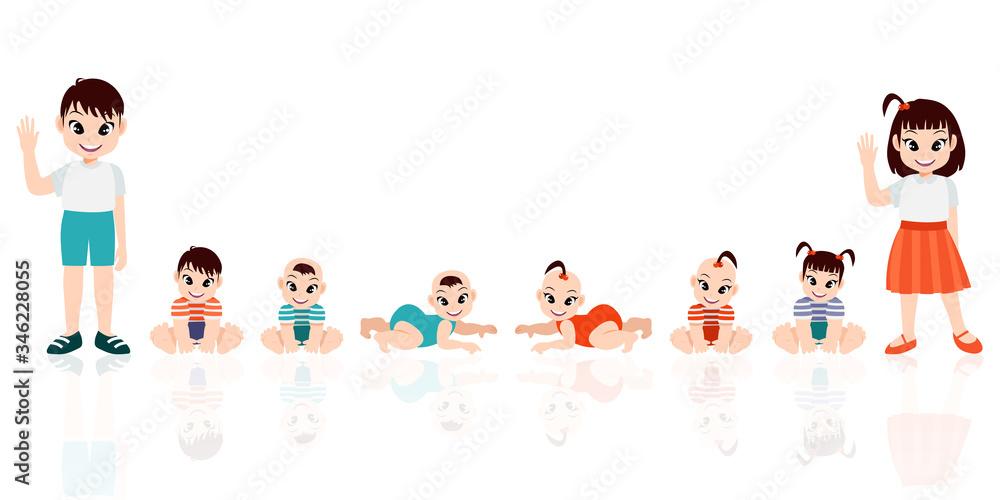 Baby girl and boy in row. Set of child health and development icons in ...