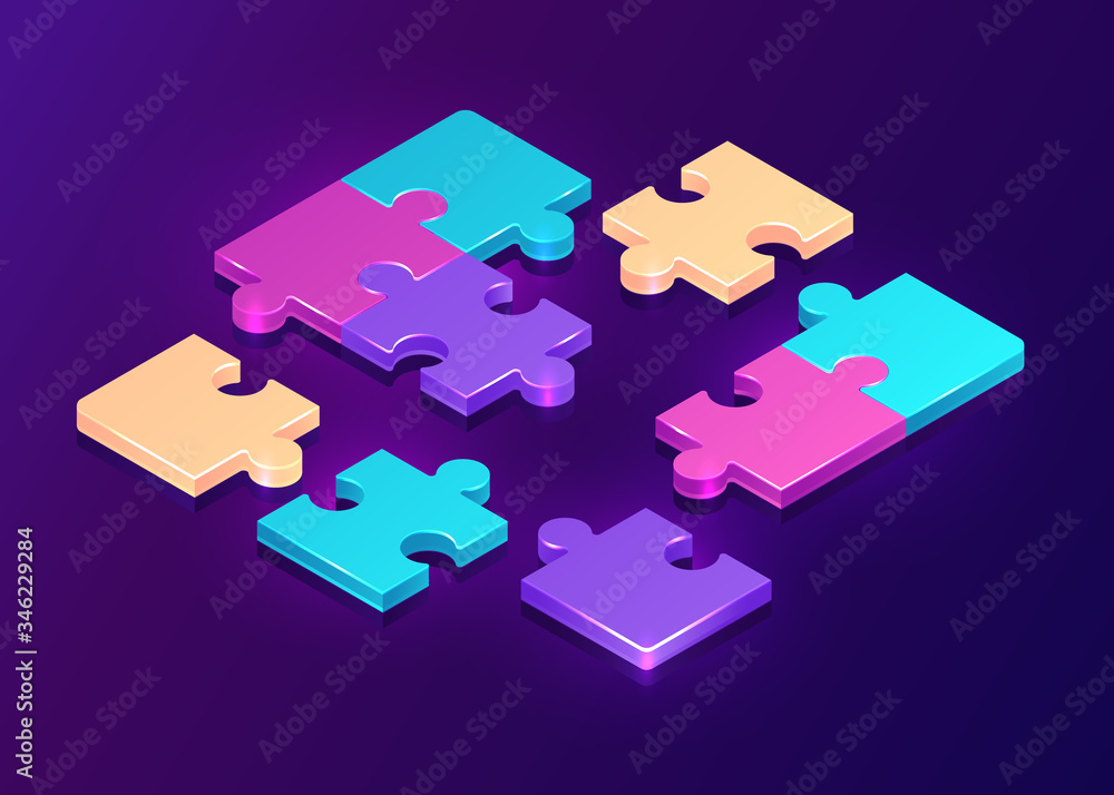 Isometric puzzle pieces on purple background. Concept of teamwork ...