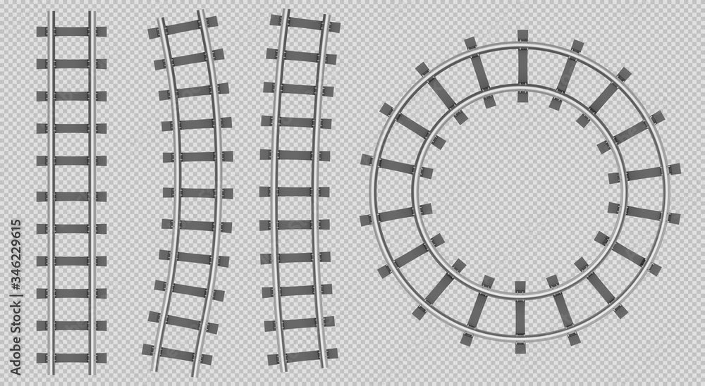 Train rails top view, railway track straight, curve and round path ...