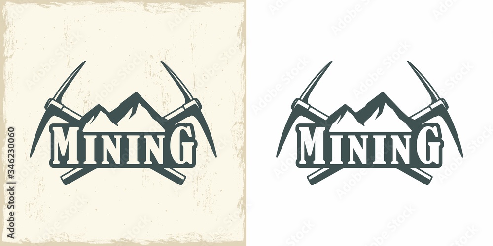 Set of color illustrations of mountains, crossed pickaxes and text on a ... Set of color illustrations of mountains, crossed pickaxes and text on a ...