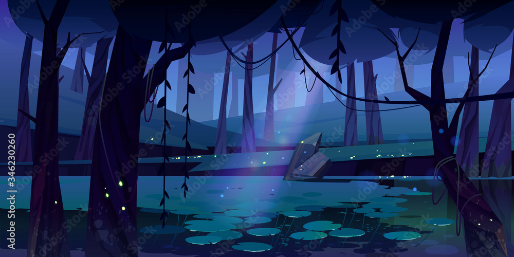 Swamp in tropical forest with fireflies at night. Fairy landscape with ...