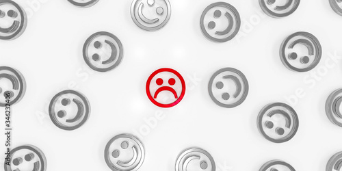 red sad, crying, face emoticon in between many smiling face emoticons ...