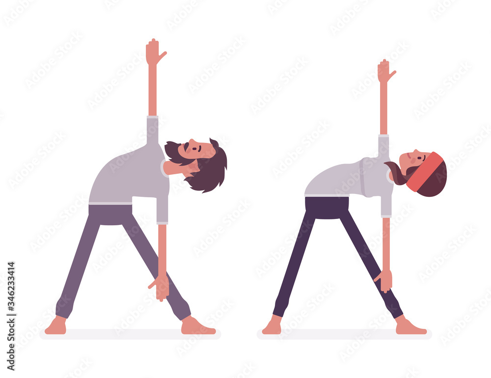 Young yogi man and woman in sports wear practicing yoga, partners doing ...