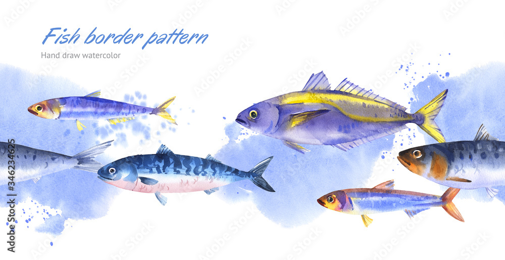 Banner with watercolor fishes on blue water background - horse mackerel ...