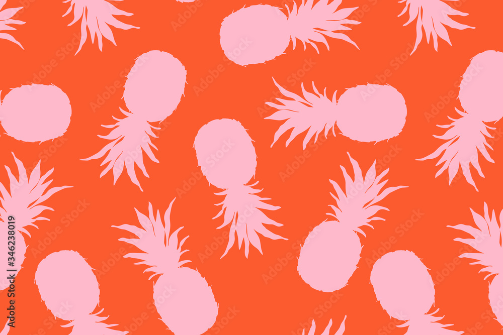Pink pineapple seamless pattern. Hand-drawn pineapple silhouettes on an ...