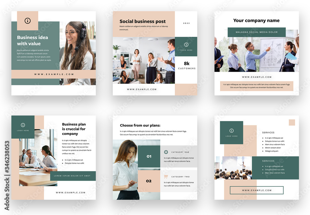 Business Social Media Post Layout Set with Green and Cream Accents ...
