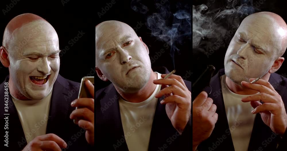 A collage of portraits of a bald crazy man in a jacket with makeup in ...