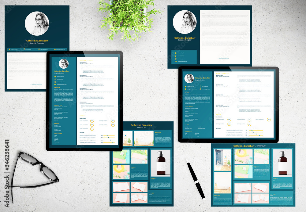 Tablet Resume Layout in Yellow and Blue Tones Stock Template | Adobe Stock