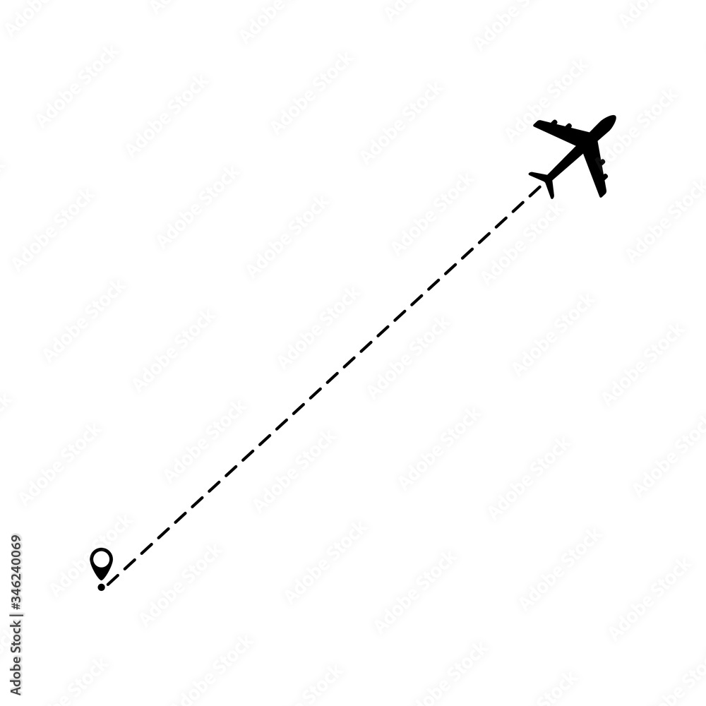 Airplane line path vector icon illustration of flight route with start ...