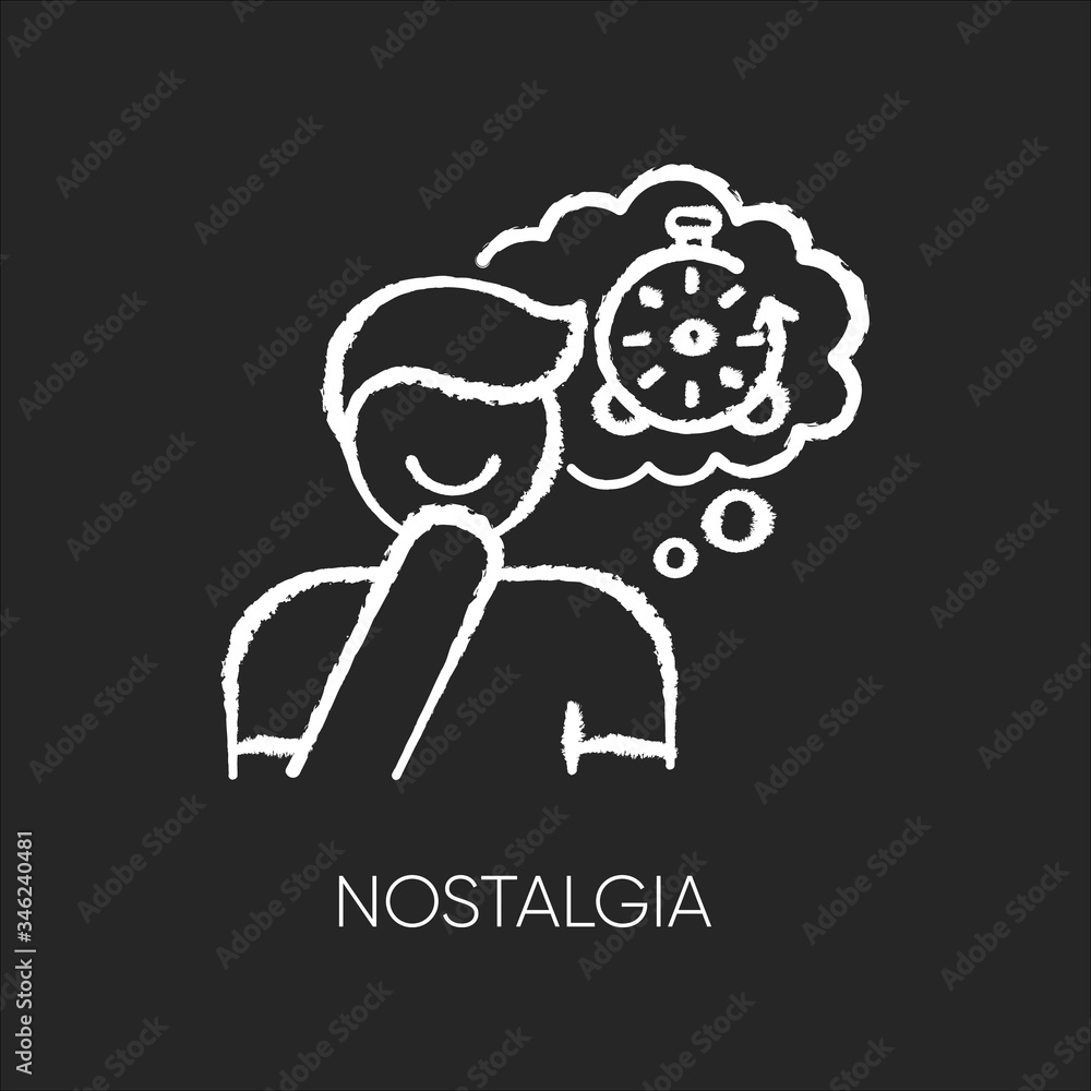 Nostalgia chalk white icon on black background. Positive mood. Man feeling sentimental. Person ...