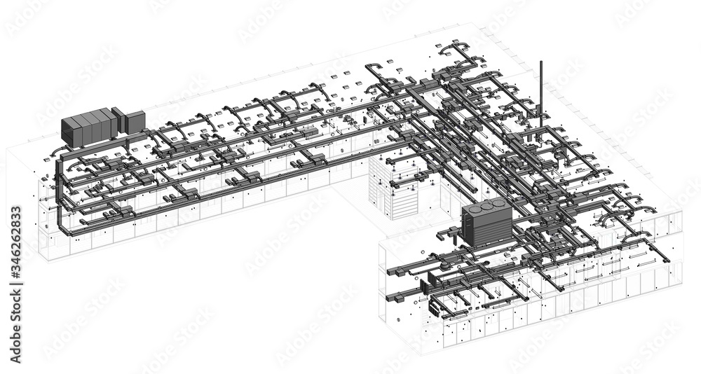architectural isometric blueprint of HVAC system in BIM ilustración de ...