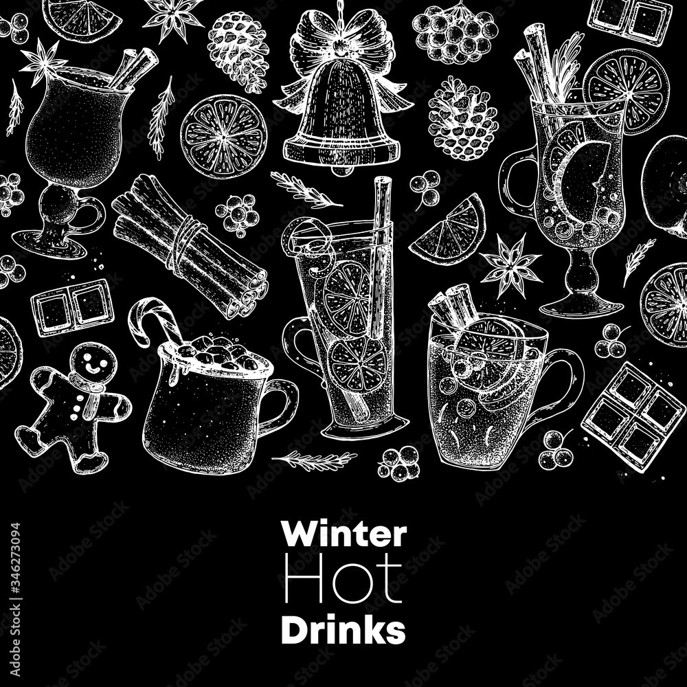 Hot drinks. Mulled wine, winter hot drink. Hand drawn sketch. Vector ...