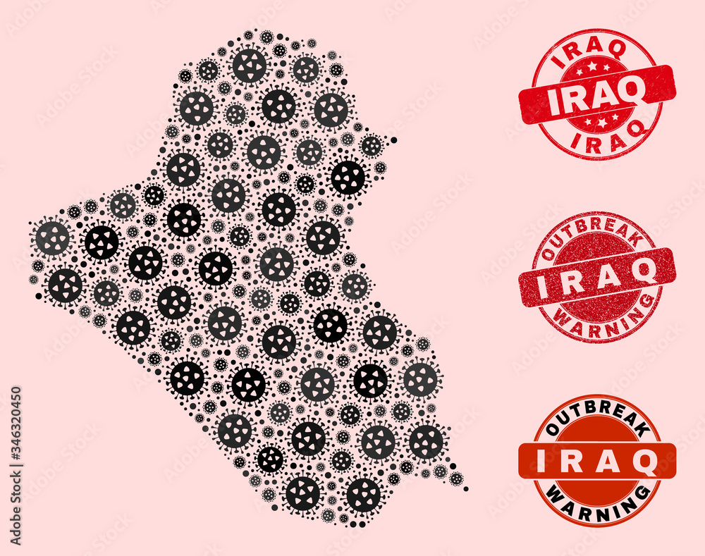 Outbreak collage of flu viral mosaic Iraq map and rubber seal stamps ...