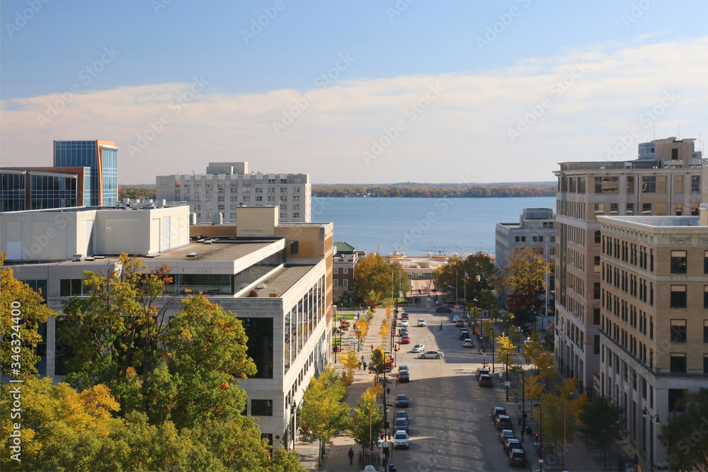 Madison Wisconsin downtown and capitol square with governmental ...