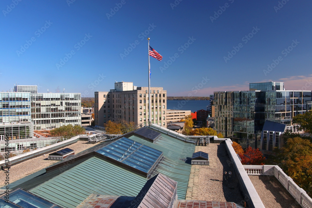 Madison capital square areal view from the Capitol dome balcony ...