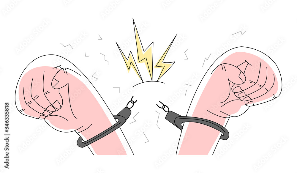 Vector flat illustration with broken handcuffs on hands. Concept of ...