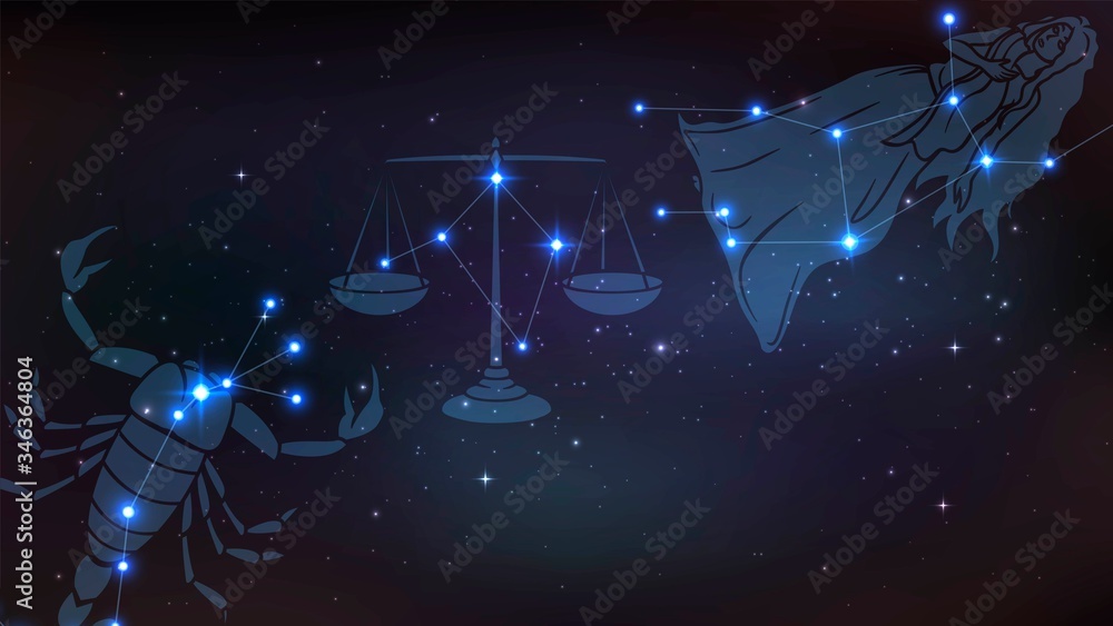 Night starry sky with the zodiac constellations and their images Stock ...