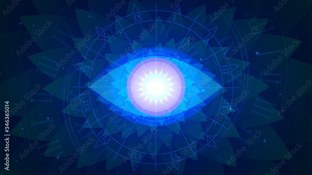 Magic blue all-seeing eye on a background of fractal and stars Stock ...