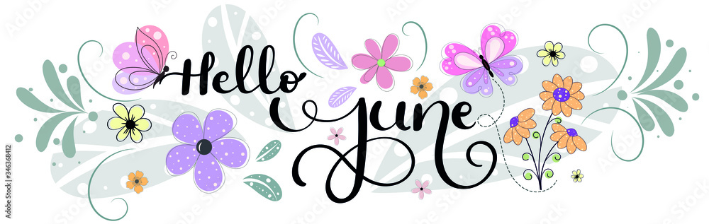 Hello June. JUNE month vector with flowers, butterflies and leaves ...
