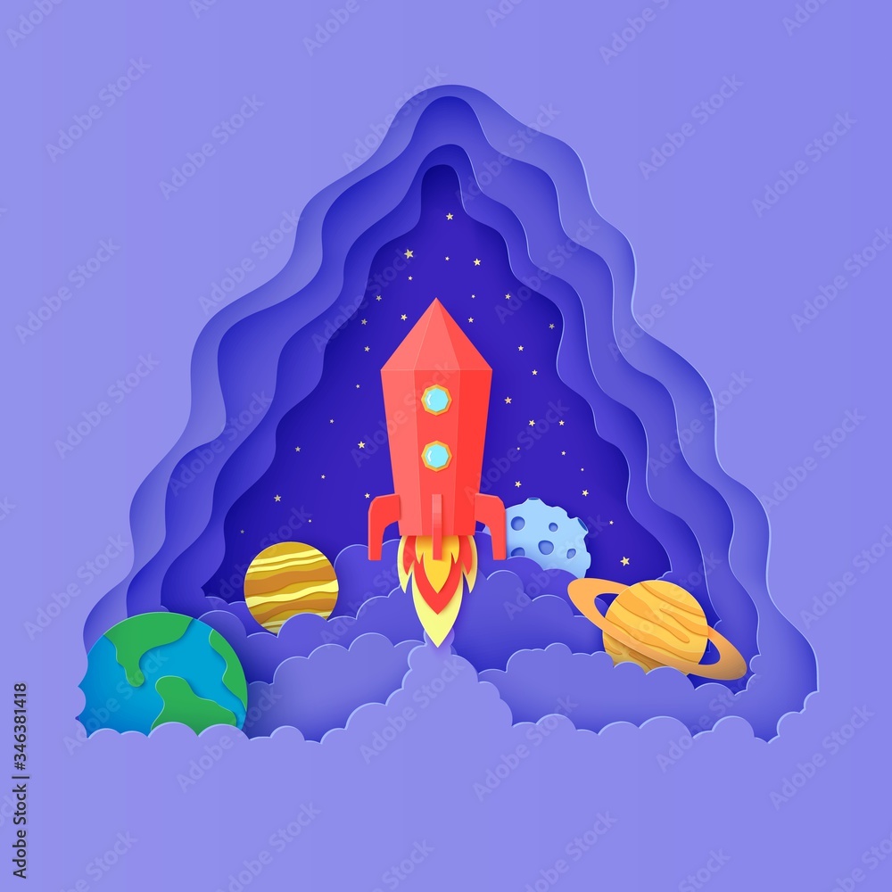 Red rocket launch in space in paper cut style. Triangular layered frame ...